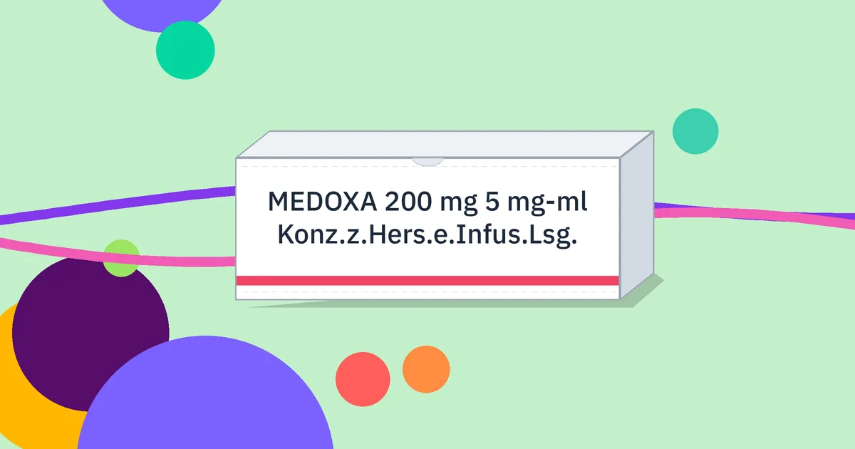 Symbolbild: Packung mit der Aufschrift MEDOXA 200 mg 5 mg-ml Konz.z.Hers.e.Infus.Lsg. (PZN 07020833) – Verfügbarkeit und Bezug in Apotheken in Frankfurt am Main