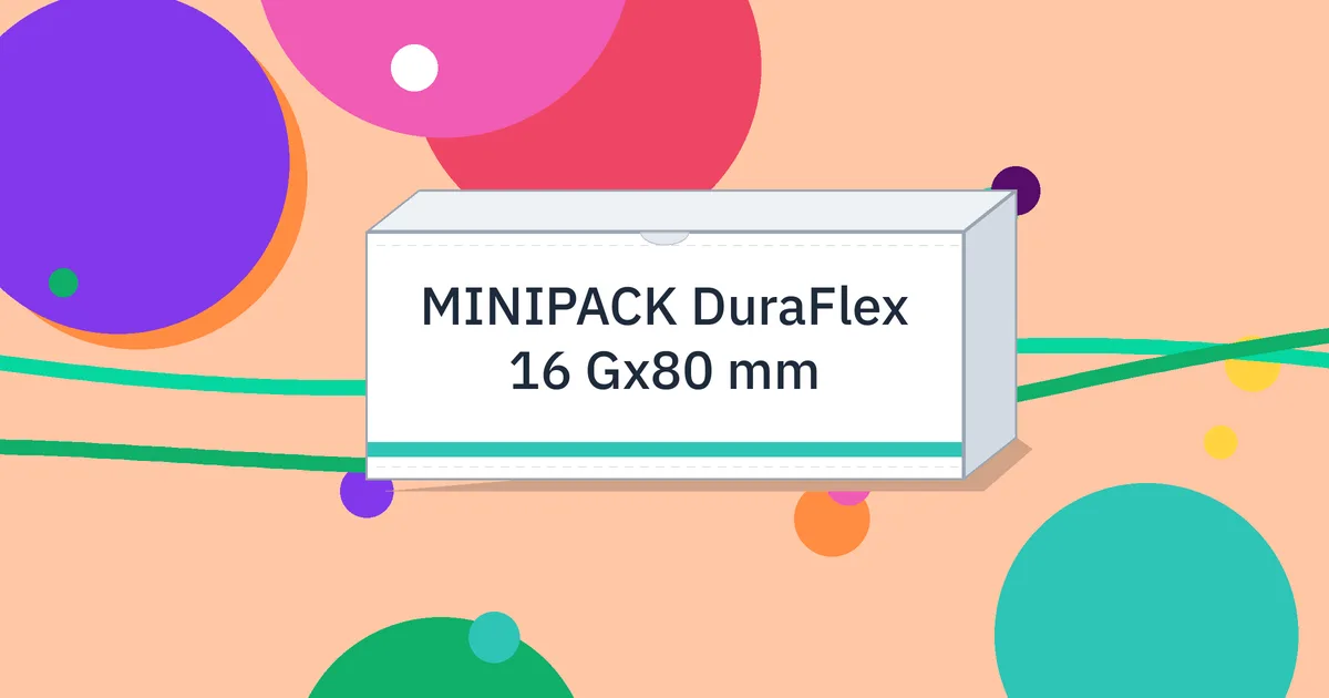 Symbolbild: Packung mit der Aufschrift MINIPACK DuraFlex 16 Gx80 mm (PZN 09218404) – Verfügbarkeit und Bezug in Apotheken in Frankfurt am Main