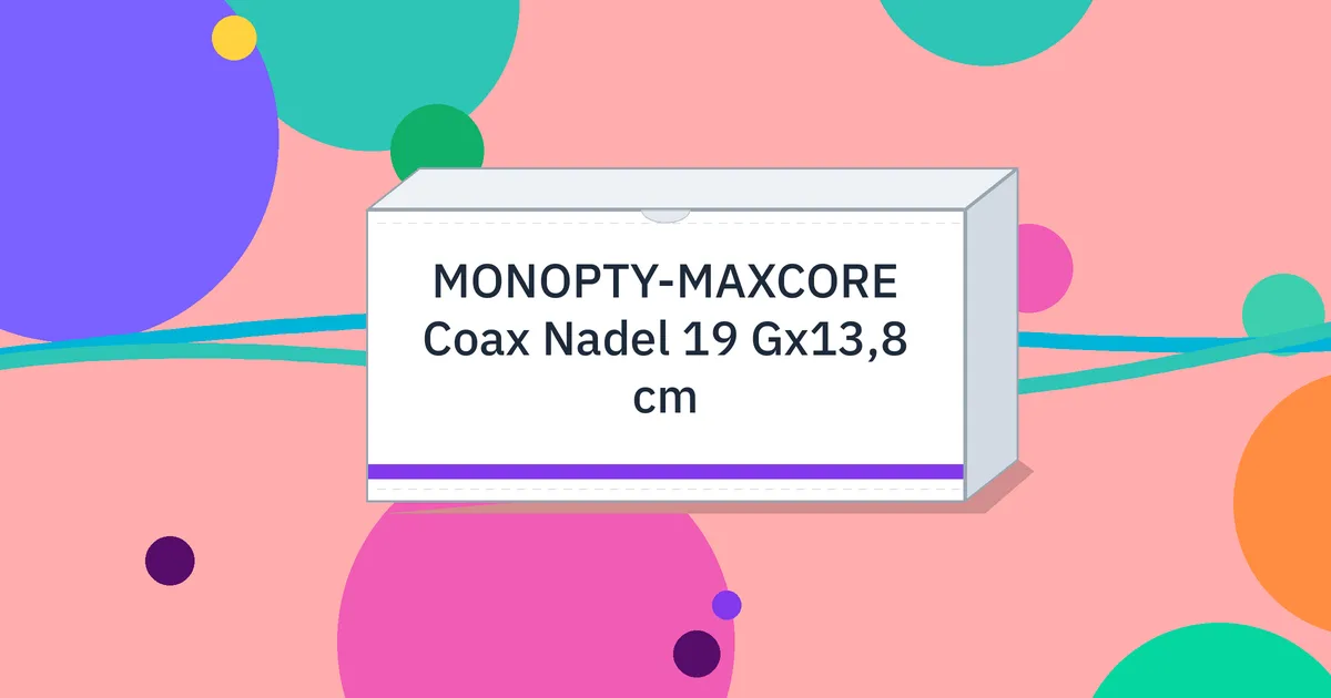 Symbolbild: Packung mit der Aufschrift MONOPTY-MAXCORE Coax Nadel 19 Gx13,8 cm (PZN 07780811) – Verfügbarkeit und Bezug in Apotheken in Frankfurt am Main
