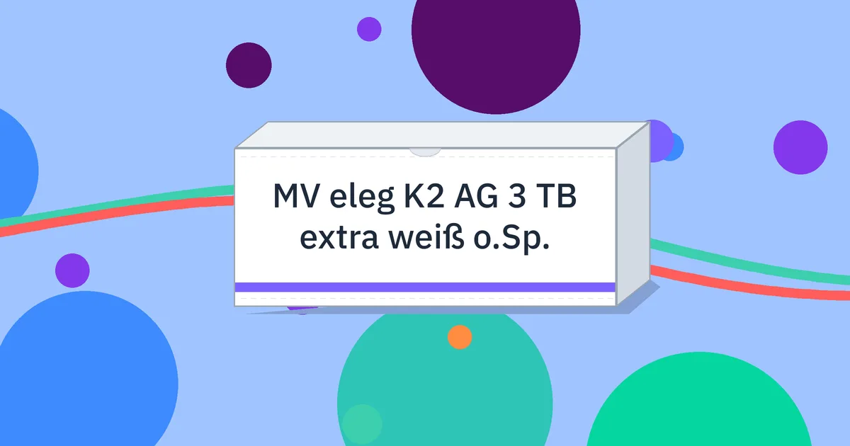 Symbolbild: Packung mit der Aufschrift MV eleg K2 AG 3 TB extra weiß o.Sp. (PZN 09877213) – Verfügbarkeit und Bezug in Apotheken in Frankfurt am Main