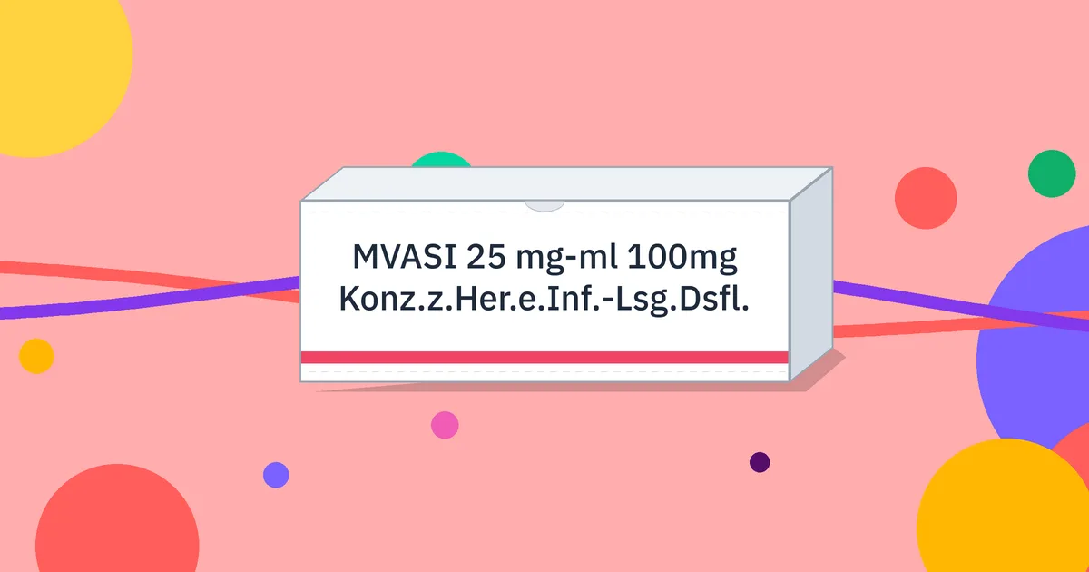 Symbolbild: Packung mit der Aufschrift MVASI 25 mg-ml 100mg Konz.z.Her.e.Inf.-Lsg.Dsfl. (PZN 16517030) – Verfügbarkeit und Bezug in Apotheken in Frankfurt am Main