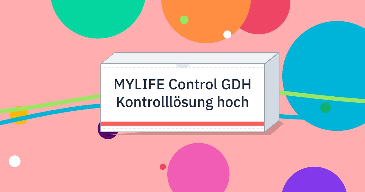 Symbolbild: Packung mit der Aufschrift MYLIFE Control GDH Kontrolllösung hoch (PZN 09884934) – Verfügbarkeit und Bezug in Apotheken in Frankfurt am Main