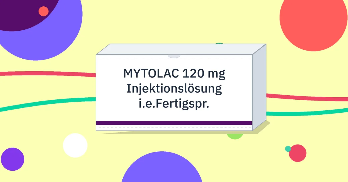 Symbolbild: Packung mit der Aufschrift MYTOLAC 120 mg Injektionslösung i.e.Fertigspr. (PZN 18827510) – Verfügbarkeit und Bezug in Apotheken in Frankfurt am Main