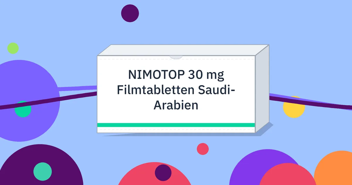 Symbolbild: Packung mit der Aufschrift NIMOTOP 30 mg Filmtabletten Saudi-Arabien (PZN 20371402) – Verfügbarkeit und Bezug in Apotheken in Frankfurt am Main