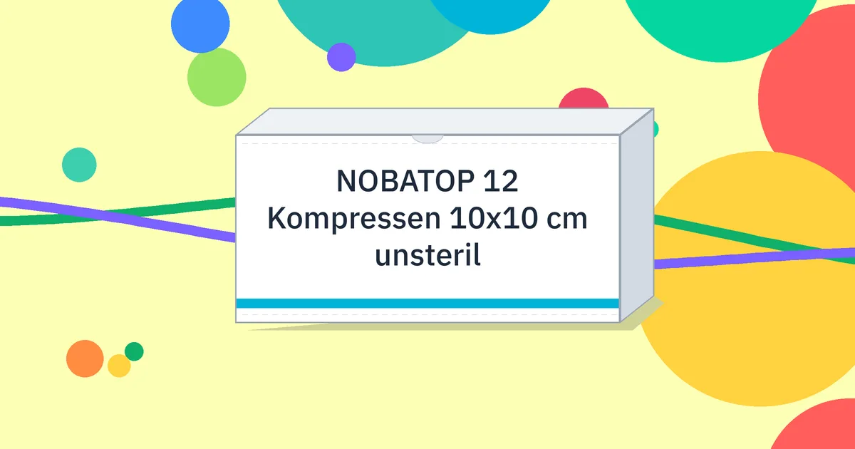 Symbolbild: Packung mit der Aufschrift NOBATOP 12 Kompressen 10x10 cm unsteril (PZN 16259651) – Verfügbarkeit und Bezug in Apotheken in Frankfurt am Main