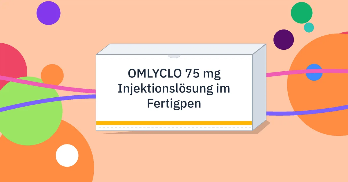 Symbolbild: Packung mit der Aufschrift OMLYCLO 75 mg Injektionslösung im Fertigpen (PZN 20336222) – Verfügbarkeit und Bezug in Apotheken in Frankfurt am Main