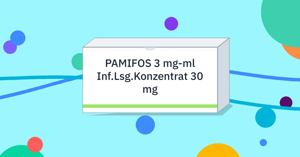 Symbolbild: Packung mit der Aufschrift PAMIFOS 3 mg-ml Inf.Lsg.Konzentrat 30 mg (PZN 03161991) – Verfügbarkeit und Bezug in Apotheken in Frankfurt am Main