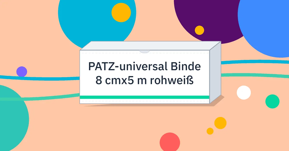 Symbolbild: Packung mit der Aufschrift PATZ-universal Binde 8 cmx5 m rohweiß (PZN 06813767) – Verfügbarkeit und Bezug in Apotheken in Frankfurt am Main