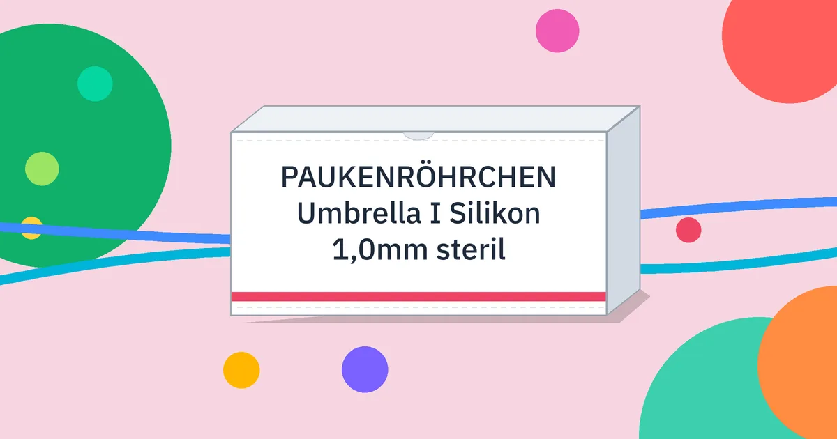 Symbolbild: Packung mit der Aufschrift PAUKENRÖHRCHEN Umbrella I Silikon 1,0mm steril (PZN 18355235) – Verfügbarkeit und Bezug in Apotheken in Frankfurt am Main