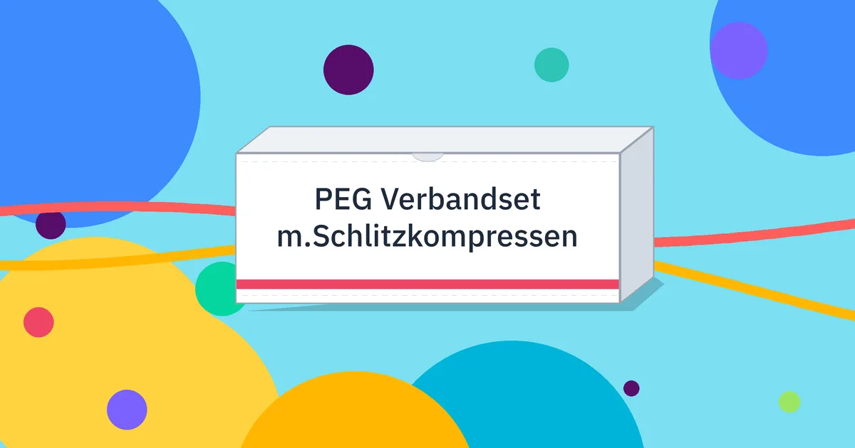 Symbolbild: Packung mit der Aufschrift PEG Verbandset m.Schlitzkompressen (PZN 14399023) – Verfügbarkeit und Bezug in Apotheken in Frankfurt am Main