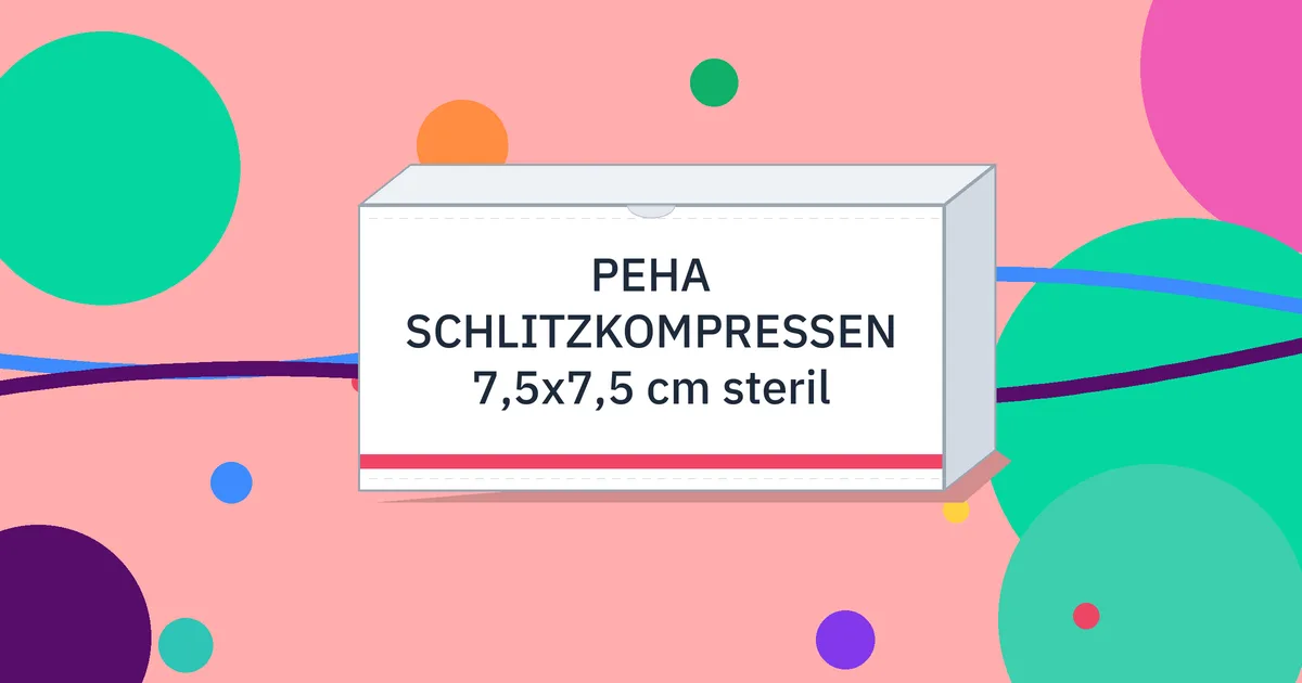 Symbolbild: Packung mit der Aufschrift PEHA SCHLITZKOMPRESSEN 7,5x7,5 cm steril (PZN 18427816) – Verfügbarkeit und Bezug in Apotheken in Frankfurt am Main