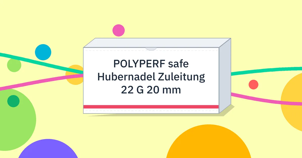 Symbolbild: Packung mit der Aufschrift POLYPERF safe Hubernadel Zuleitung 22 G 20 mm (PZN 12426282) – Verfügbarkeit und Bezug in Apotheken in Frankfurt am Main