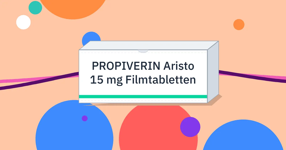 Symbolbild: Packung mit der Aufschrift PROPIVERIN Aristo 15 mg Filmtabletten (PZN 07795468) – Verfügbarkeit und Bezug in Apotheken in Frankfurt am Main