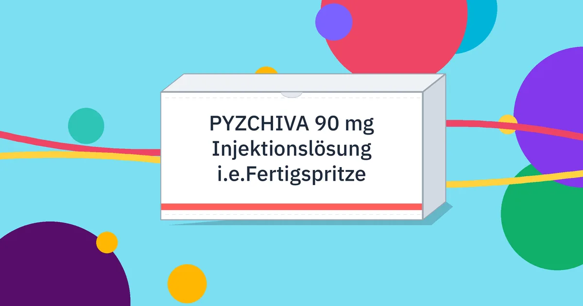 Symbolbild: Packung mit der Aufschrift PYZCHIVA 90 mg Injektionslösung i.e.Fertigspritze (PZN 19661572) – Verfügbarkeit und Bezug in Apotheken in Frankfurt am Main