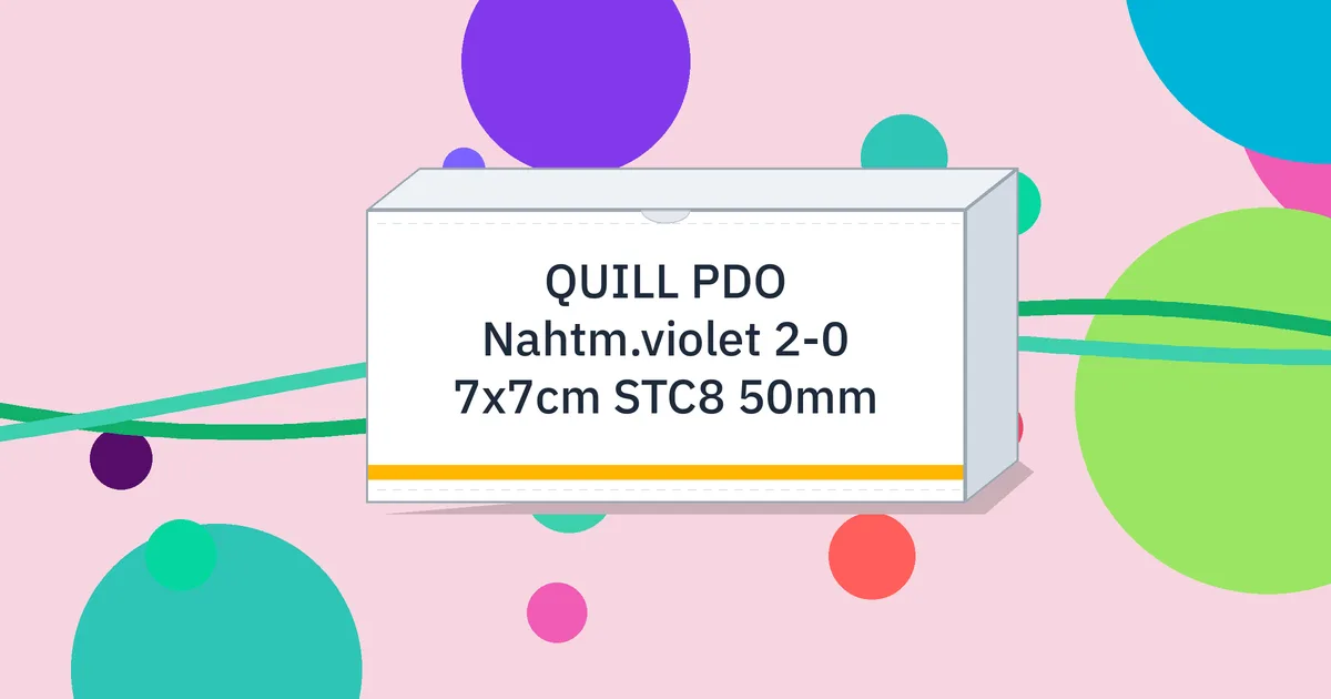 Symbolbild: Packung mit der Aufschrift QUILL PDO Nahtm.violet 2-0 7x7cm STC8 50mm (PZN 17989386) – Verfügbarkeit und Bezug in Apotheken in Frankfurt am Main