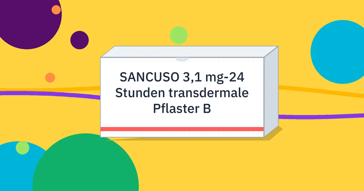 Symbolbild: Packung mit der Aufschrift SANCUSO 3,1 mg-24 Stunden transdermale Pflaster B (PZN 13973678) – Verfügbarkeit und Bezug in Apotheken in Frankfurt am Main
