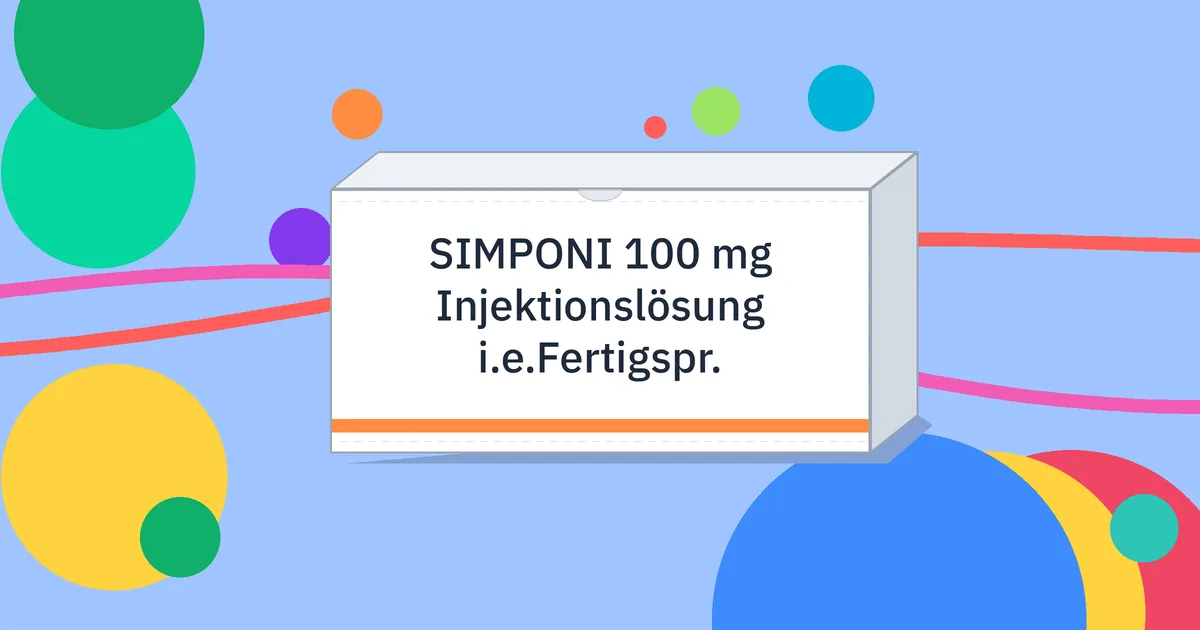 Symbolbild: Packung mit der Aufschrift SIMPONI 100 mg Injektionslösung i.e.Fertigspr. (PZN 01786586) – Verfügbarkeit und Bezug in Apotheken in Frankfurt am Main