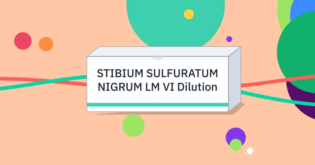 Symbolbild: Packung mit der Aufschrift STIBIUM SULFURATUM NIGRUM LM VI Dilution (PZN 01072585) – Verfügbarkeit und Bezug in Apotheken in Frankfurt am Main