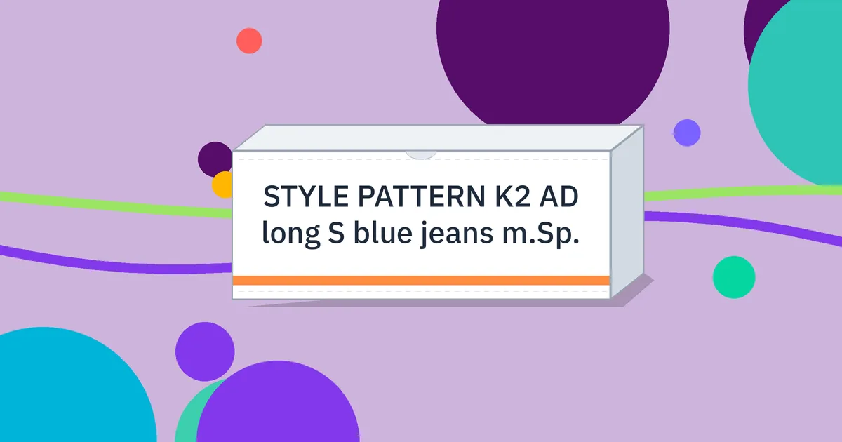 Symbolbild: Packung mit der Aufschrift STYLE PATTERN K2 AD long S blue jeans m.Sp. (PZN 19694703) – Verfügbarkeit und Bezug in Apotheken in Frankfurt am Main