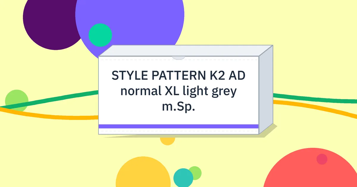 Symbolbild: Packung mit der Aufschrift STYLE PATTERN K2 AD normal XL light grey m.Sp. (PZN 19695022) – Verfügbarkeit und Bezug in Apotheken in Frankfurt am Main