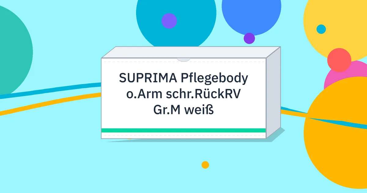 Symbolbild: Packung mit der Aufschrift SUPRIMA Pflegebody o.Arm schr.RückRV Gr.M weiß (PZN 10227503) – Verfügbarkeit und Bezug in Apotheken in Frankfurt am Main
