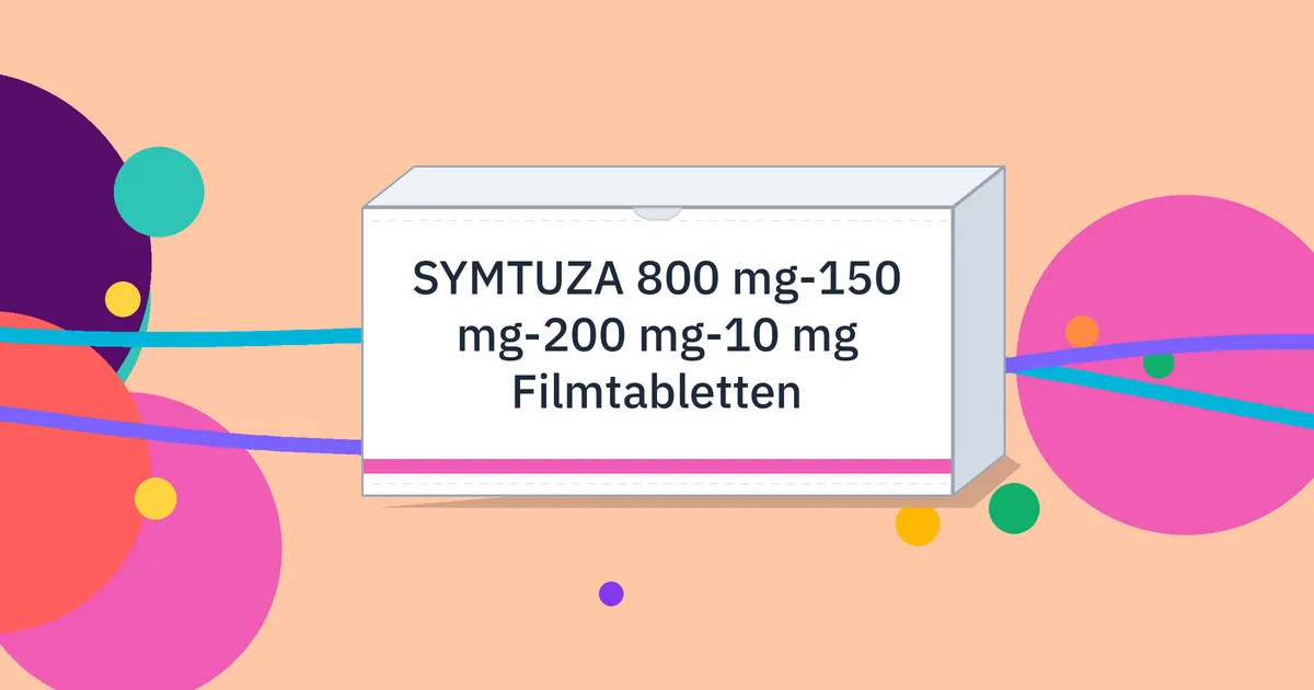 Symbolbild: Packung mit der Aufschrift SYMTUZA 800 mg-150 mg-200 mg-10 mg Filmtabletten (PZN 13653703) – Verfügbarkeit und Bezug in Apotheken in Frankfurt am Main