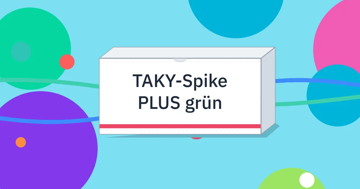 Symbolbild: Packung mit der Aufschrift TAKY-Spike PLUS grün (PZN 03422598) – Verfügbarkeit und Bezug in Apotheken in Frankfurt am Main