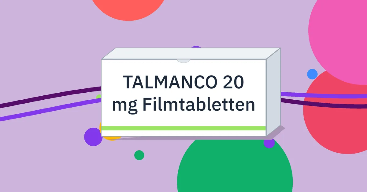 Symbolbild: Packung mit der Aufschrift TALMANCO 20 mg Filmtabletten (PZN 12869157) – Verfügbarkeit und Bezug in Apotheken in Frankfurt am Main