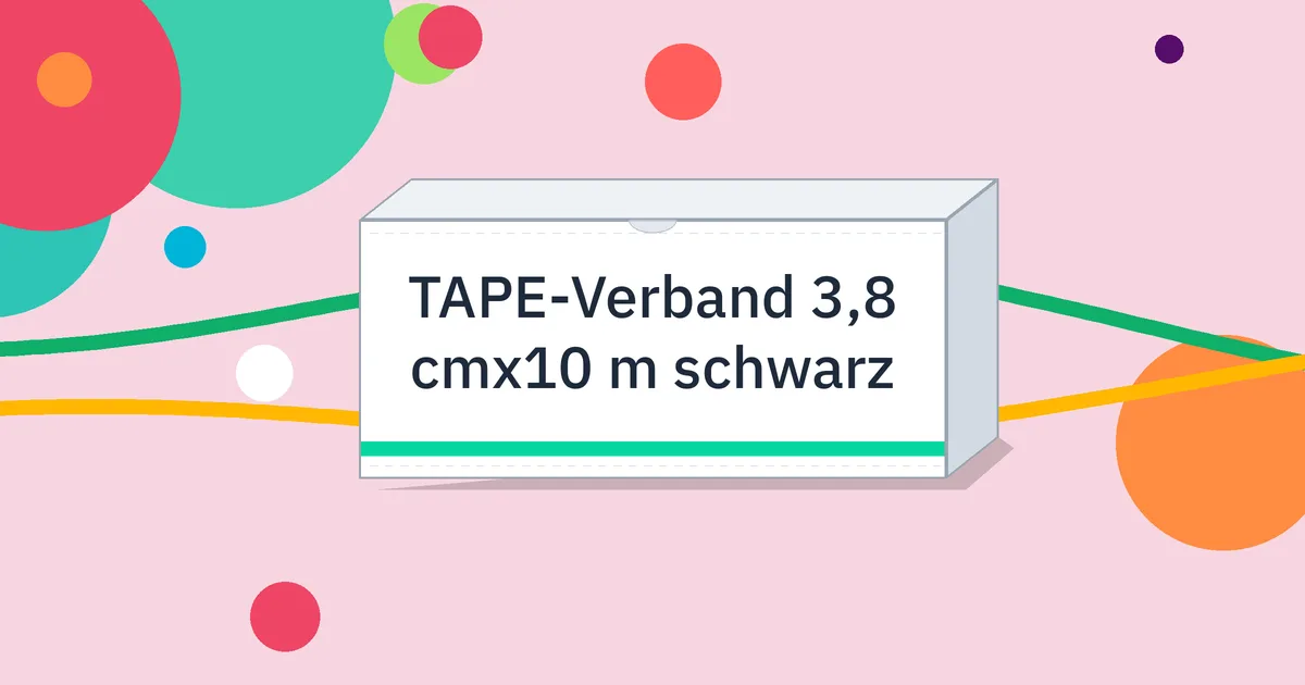 Symbolbild: Packung mit der Aufschrift TAPE-Verband 3,8 cmx10 m schwarz (PZN 15241229) – Verfügbarkeit und Bezug in Apotheken in Frankfurt am Main