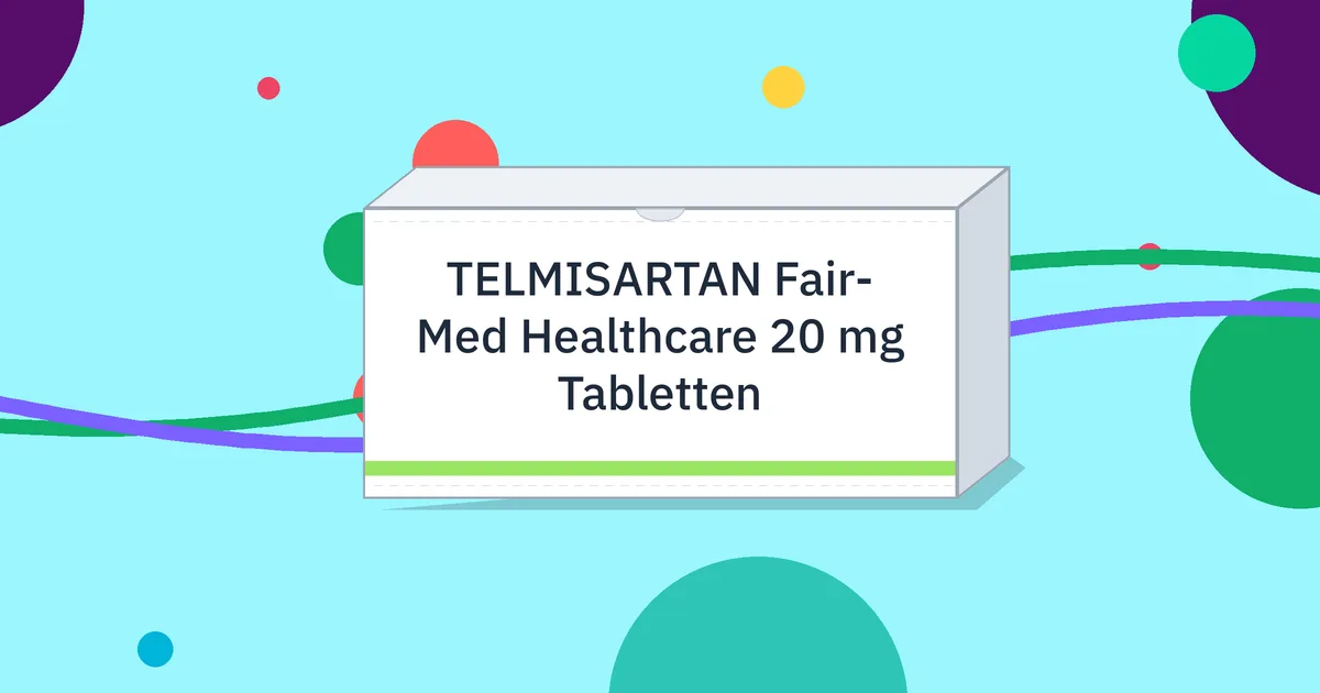 Symbolbild: Packung mit der Aufschrift TELMISARTAN Fair-Med Healthcare 20 mg Tabletten (PZN 13245950) – Verfügbarkeit und Bezug in Apotheken in Frankfurt am Main