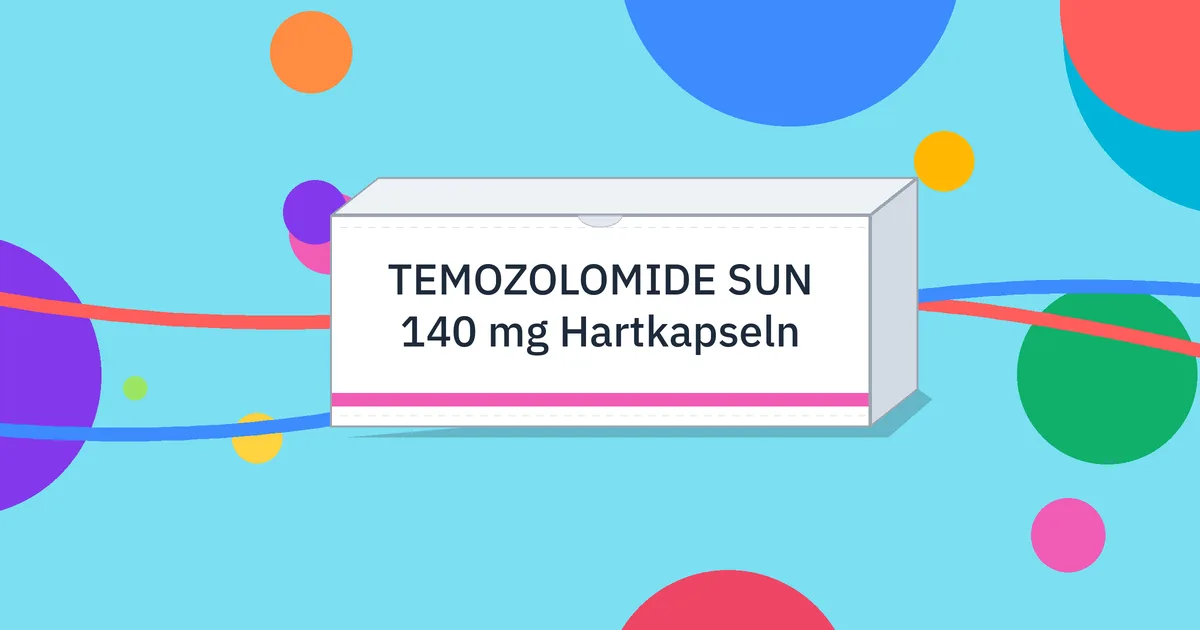 Symbolbild: Packung mit der Aufschrift TEMOZOLOMIDE SUN 140 mg Hartkapseln (PZN 17527183) – Verfügbarkeit und Bezug in Apotheken in Frankfurt am Main