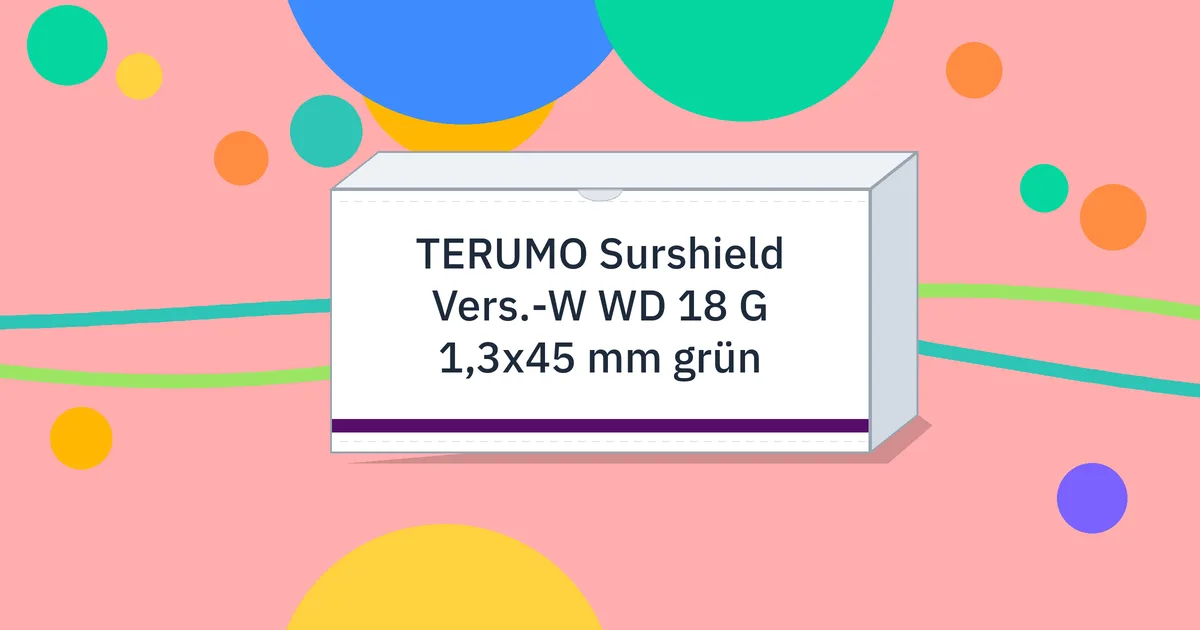 Symbolbild: Packung mit der Aufschrift TERUMO Surshield Vers.-W WD 18 G 1,3x45 mm grün (PZN 17630739) – Verfügbarkeit und Bezug in Apotheken in Frankfurt am Main