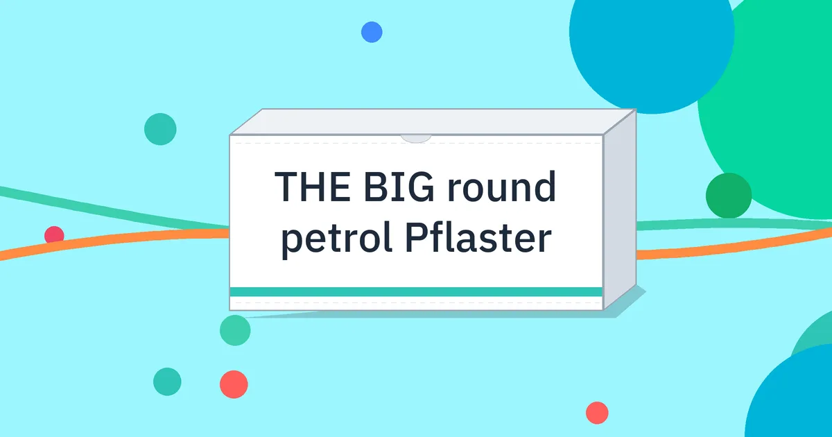 Symbolbild: Packung mit der Aufschrift THE BIG round petrol Pflaster (PZN 19868190) – Verfügbarkeit und Bezug in Apotheken in Frankfurt am Main