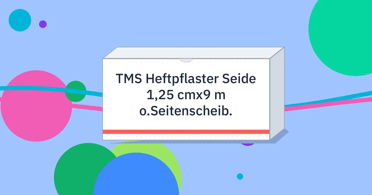 Symbolbild: Packung mit der Aufschrift TMS Heftpflaster Seide 1,25 cmx9 m o.Seitenscheib. (PZN 18316703) – Verfügbarkeit und Bezug in Apotheken in Frankfurt am Main