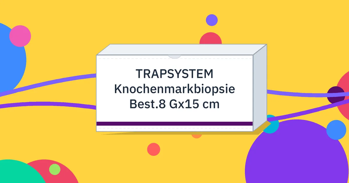 Symbolbild: Packung mit der Aufschrift TRAPSYSTEM Knochenmarkbiopsie Best.8 Gx15 cm (PZN 07096440) – Verfügbarkeit und Bezug in Apotheken in Frankfurt am Main