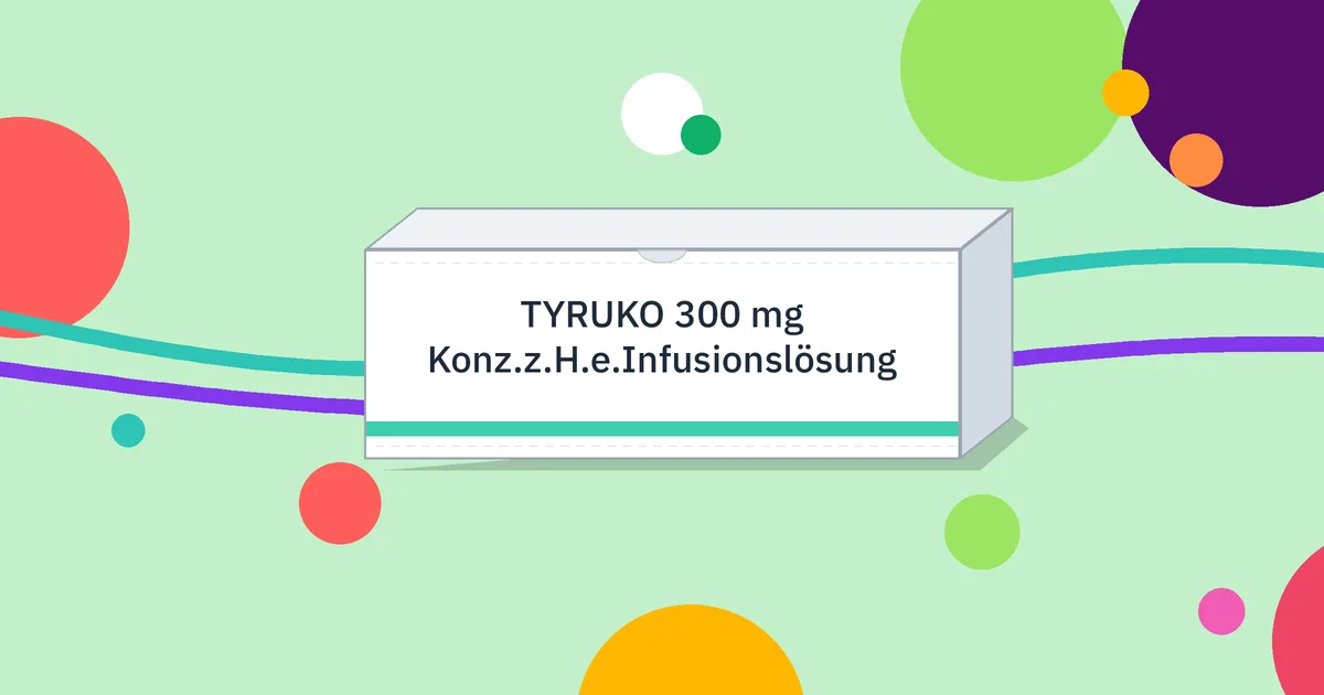 Symbolbild: Packung mit der Aufschrift TYRUKO 300 mg Konz.z.H.e.Infusionslösung (PZN 19251590) – Verfügbarkeit und Bezug in Apotheken in Frankfurt am Main