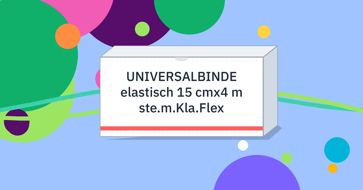 Symbolbild: Packung mit der Aufschrift UNIVERSALBINDE elastisch 15 cmx4 m ste.m.Kla.Flex (PZN 06932207) – Verfügbarkeit und Bezug in Apotheken in Frankfurt am Main
