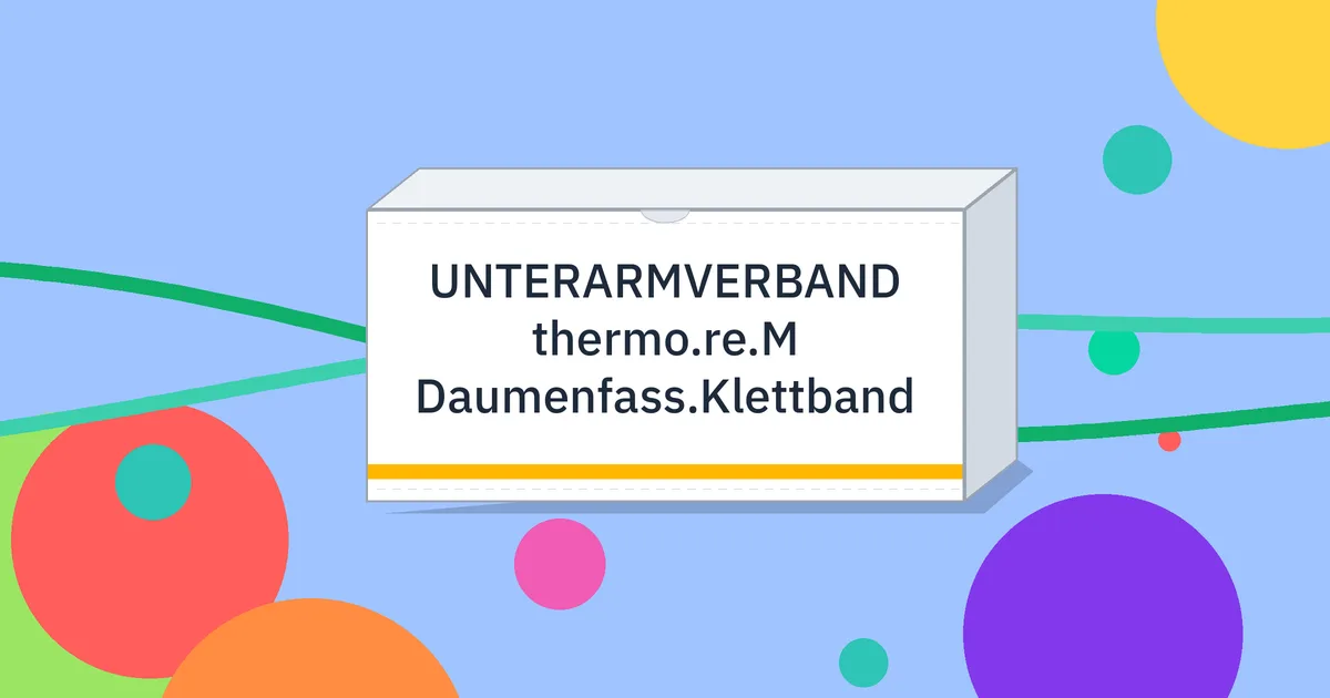 Symbolbild: Packung mit der Aufschrift UNTERARMVERBAND thermo.re.M Daumenfass.Klettband (PZN 08429760) – Verfügbarkeit und Bezug in Apotheken in Frankfurt am Main
