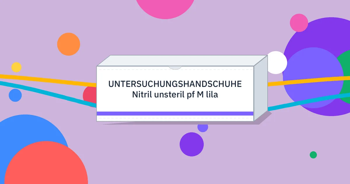 Symbolbild: Packung mit der Aufschrift UNTERSUCHUNGSHANDSCHUHE Nitril unsteril pf M lila (PZN 14399856) – Verfügbarkeit und Bezug in Apotheken in Frankfurt am Main