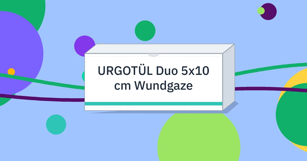 Symbolbild: Packung mit der Aufschrift URGOTÜL Duo 5x10 cm Wundgaze (PZN 01916439) – Verfügbarkeit und Bezug in Apotheken in Frankfurt am Main