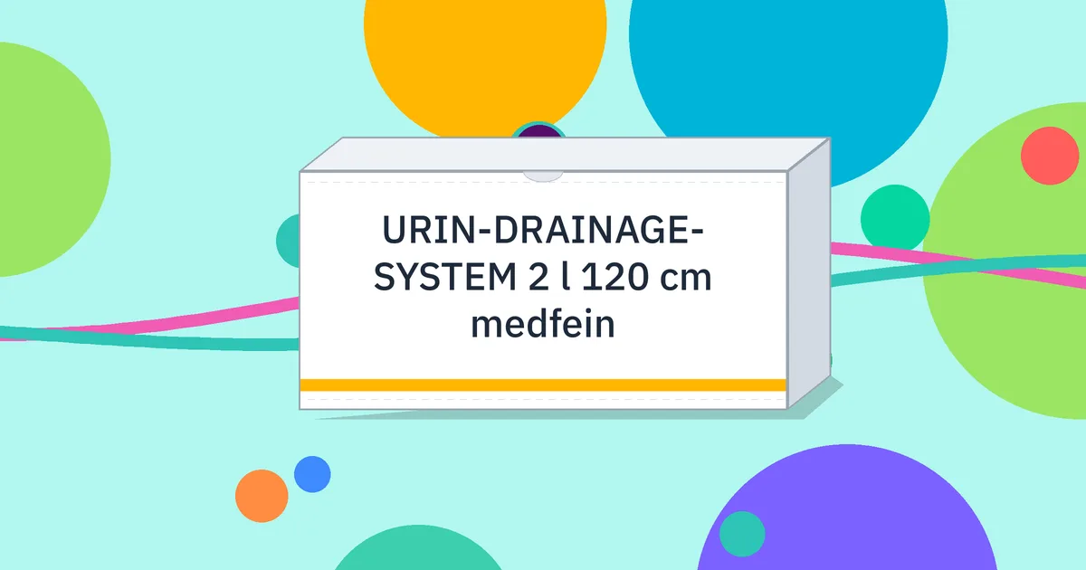 Symbolbild: Packung mit der Aufschrift URIN-DRAINAGE-SYSTEM 2 l 120 cm medfein (PZN 14372691) – Verfügbarkeit und Bezug in Apotheken in Frankfurt am Main