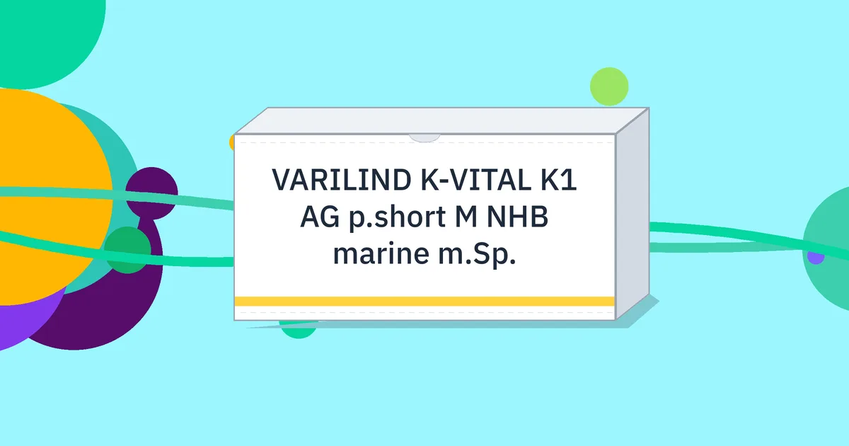 Symbolbild: Packung mit der Aufschrift VARILIND K-VITAL K1 AG p.short M NHB marine m.Sp. (PZN 20563113) – Verfügbarkeit und Bezug in Apotheken in Frankfurt am Main