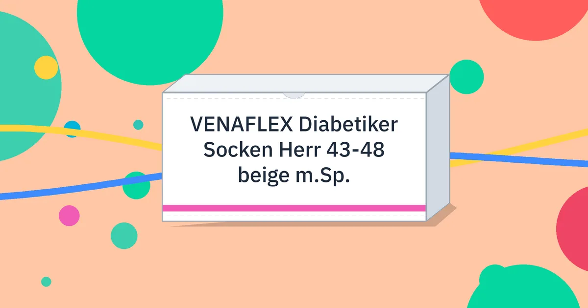 Symbolbild: Packung mit der Aufschrift VENAFLEX Diabetiker Socken Herr 43-48 beige m.Sp. (PZN 18309318) – Verfügbarkeit und Bezug in Apotheken in Frankfurt am Main