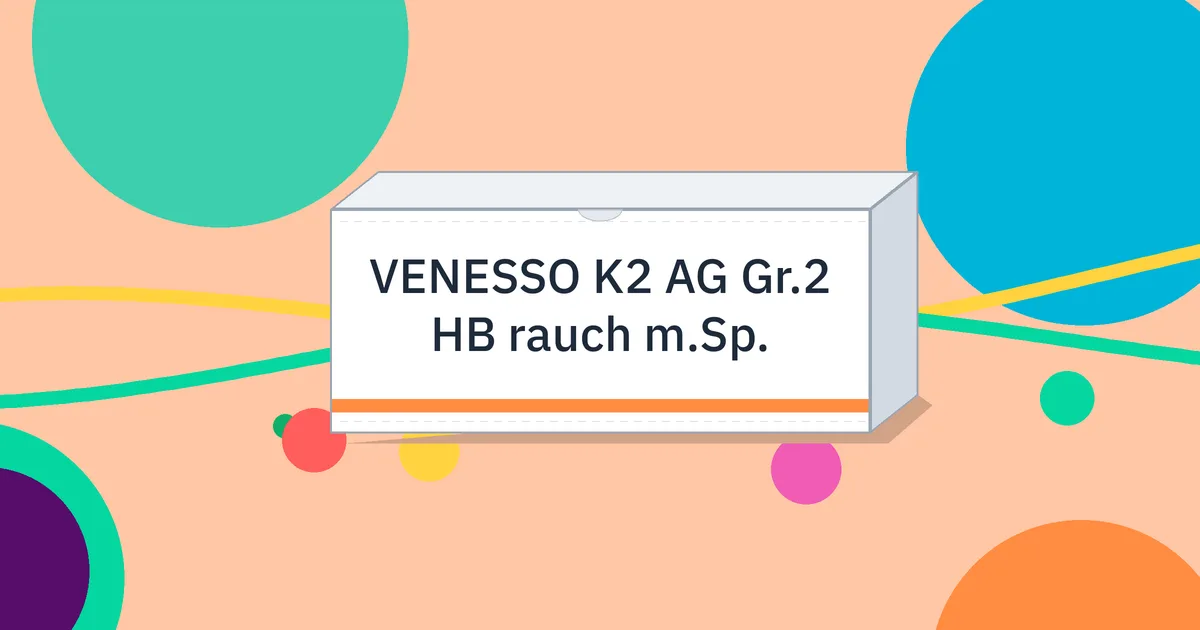 Symbolbild: Packung mit der Aufschrift VENESSO K2 AG Gr.2 HB rauch m.Sp. (PZN 03262539) – Verfügbarkeit und Bezug in Apotheken in Frankfurt am Main