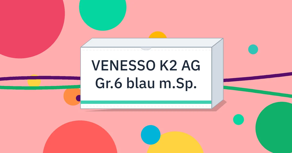 Symbolbild: Packung mit der Aufschrift VENESSO K2 AG Gr.6 blau m.Sp. (PZN 03278227) – Verfügbarkeit und Bezug in Apotheken in Frankfurt am Main