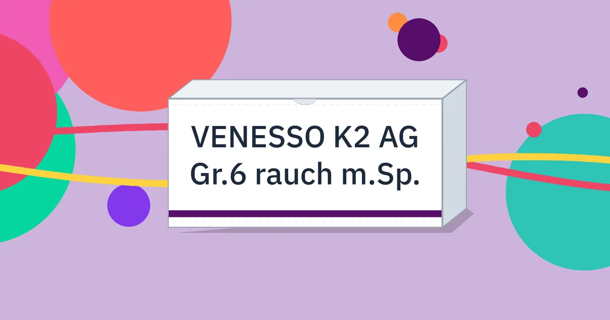 Symbolbild: Packung mit der Aufschrift VENESSO K2 AG Gr.6 rauch m.Sp. (PZN 03275387) – Verfügbarkeit und Bezug in Apotheken in Frankfurt am Main
