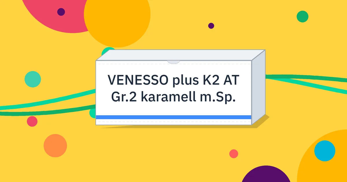 Symbolbild: Packung mit der Aufschrift VENESSO plus K2 AT Gr.2 karamell m.Sp. (PZN 13758566) – Verfügbarkeit und Bezug in Apotheken in Frankfurt am Main