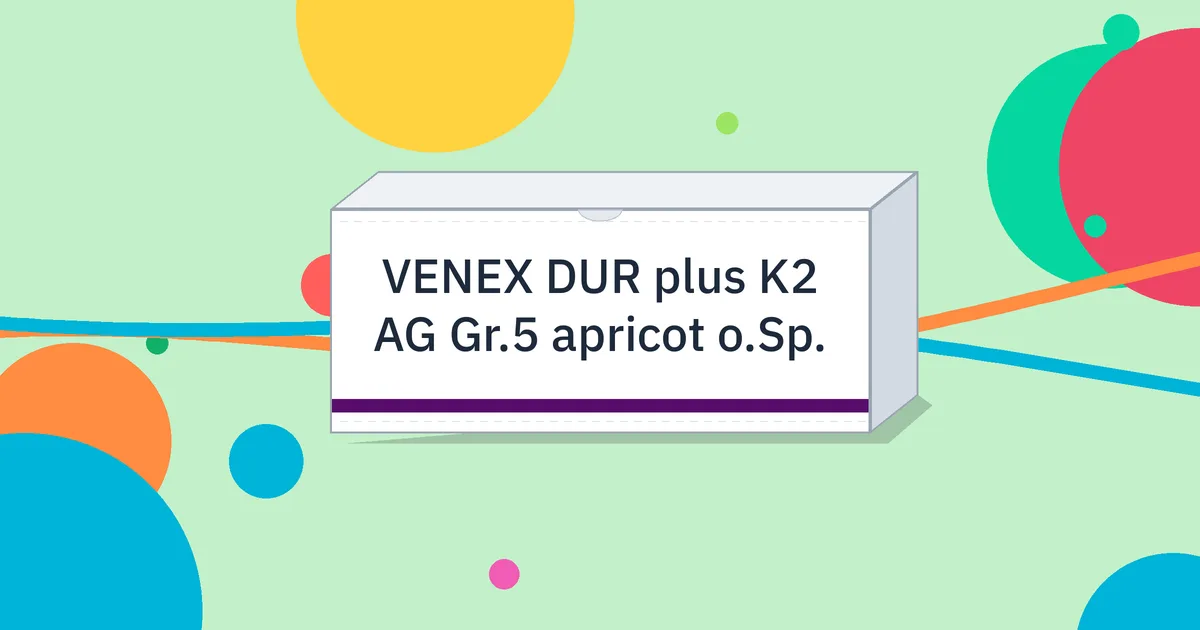 Symbolbild: Packung mit der Aufschrift VENEX DUR plus K2 AG Gr.5 apricot o.Sp. (PZN 03236045) – Verfügbarkeit und Bezug in Apotheken in Frankfurt am Main
