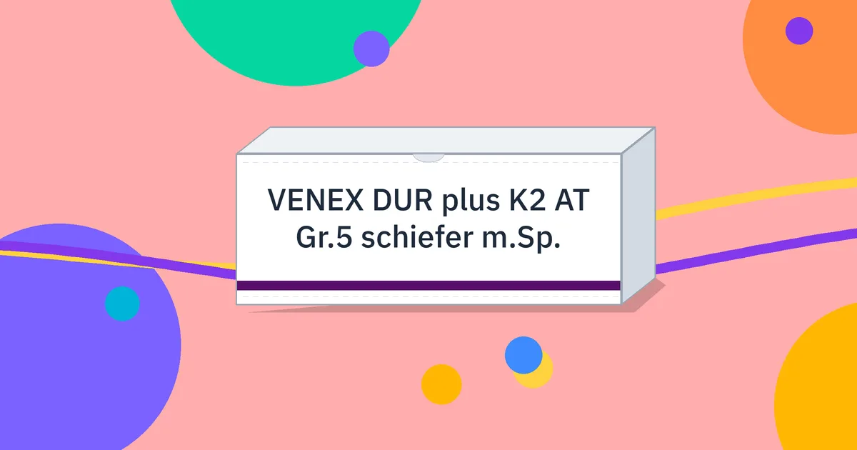 Symbolbild: Packung mit der Aufschrift VENEX DUR plus K2 AT Gr.5 schiefer m.Sp. (PZN 03234425) – Verfügbarkeit und Bezug in Apotheken in Frankfurt am Main