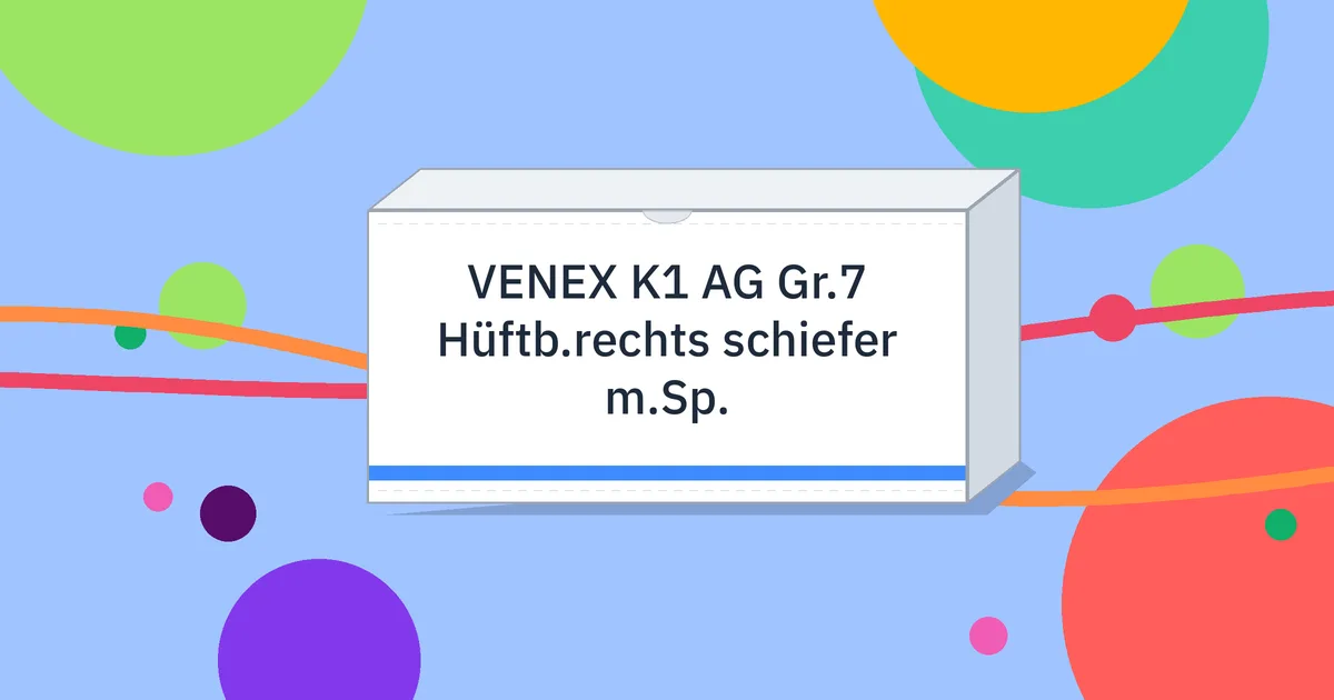 Symbolbild: Packung mit der Aufschrift VENEX K1 AG Gr.7 Hüftb.rechts schiefer m.Sp. (PZN 03203436) – Verfügbarkeit und Bezug in Apotheken in Frankfurt am Main